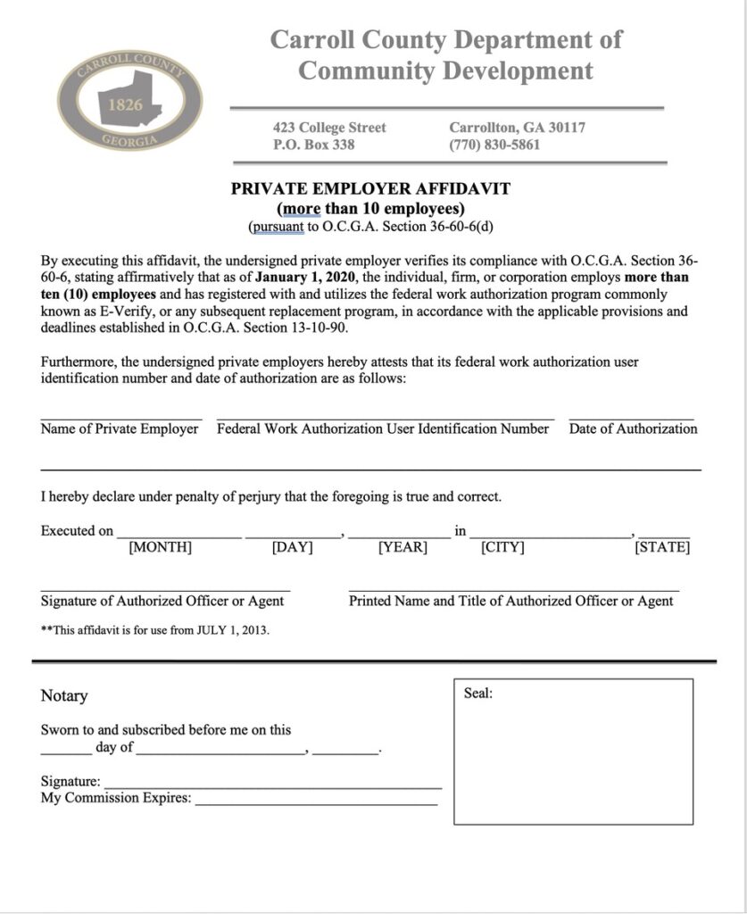 Carroll County E-Verify affidavit(s) compared to the version from the AG office required by ...